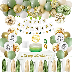 Sage Green Birthday Decorations, Olive Green and White Gold Party Balloons, Happy Birthday Banner, Sash, Circle Dots Garland, Pompoms, Paper Tassels for Women Men Girls Boys Birthday Decor