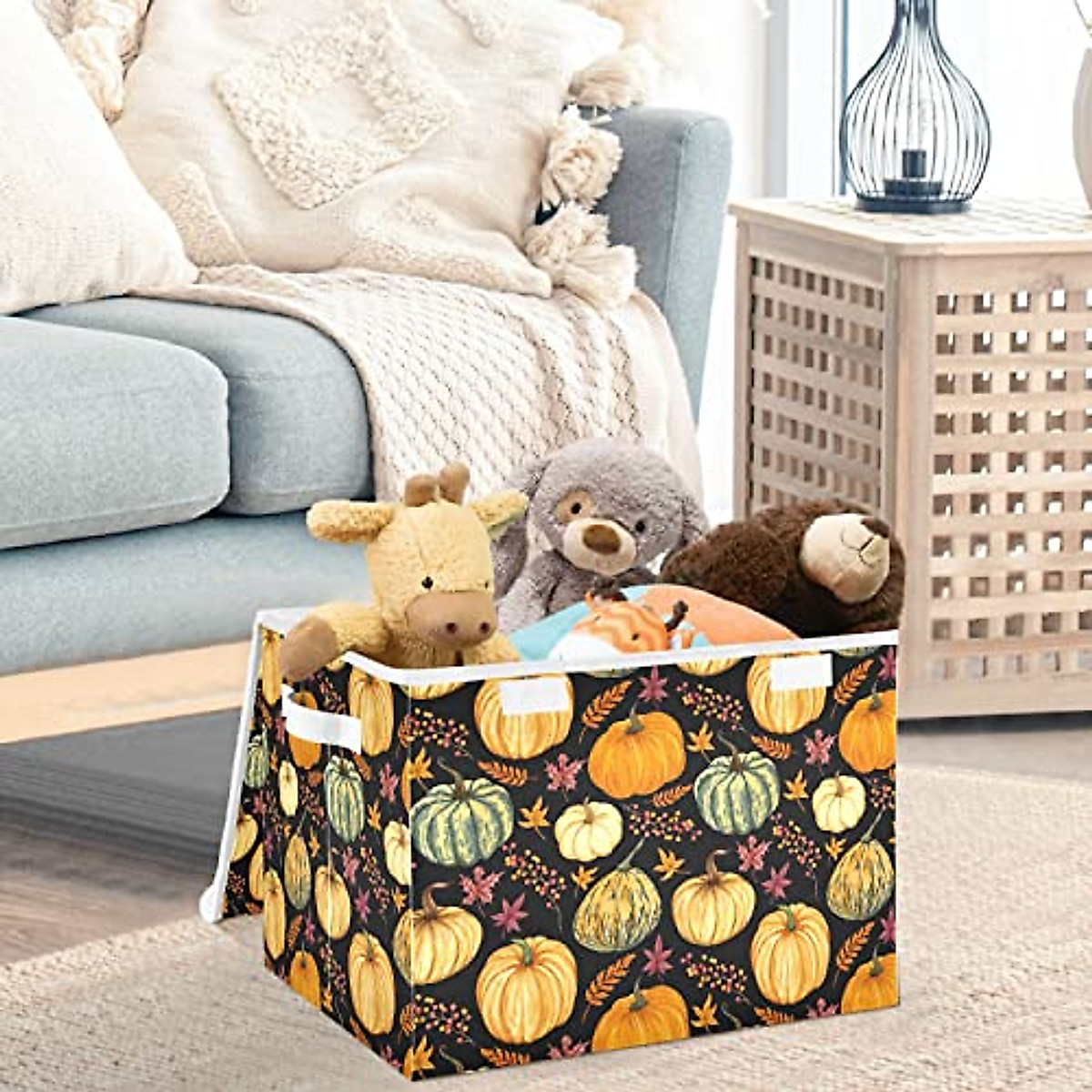 CaTaKu Pumpkins Fall Leaves Storage Bins with Lids and Handles, Fabric Large Storage Container Cube Basket with Lid Decorative Storage Boxes for Organizing Clothes