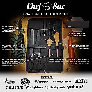 Chef Knife Bag Travel Folder Knife Case | 4 Pockets for Knives & Kitchen Tools | Special Slot for Honing Rod | Camp Chef Accessories | Durable Knife Holder for Chefs & Culinary Students (Black)