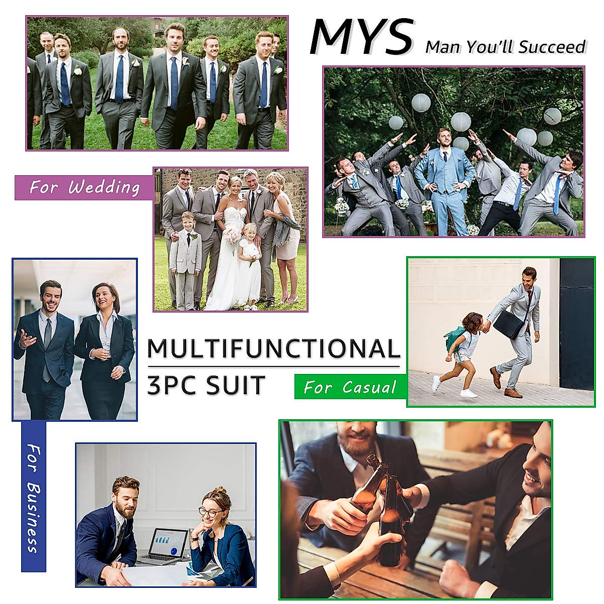 MY'S Men's 3 Piece Slim Fit Suit Set, 2 Button Blazer Jacket Vest Pants with Tie, Solid Wedding Dress Tux and Trousers Deep Blue