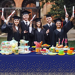12 Pcs Navy Blue Plastic Tablecloth Gold Dot Blue Table Cloth, 54×108 inches Disposable Gold Dot Confetti Dark Blue Table Cover for Anniversary, Friendsgiving, Fine Dining, Graduation Party Decoration