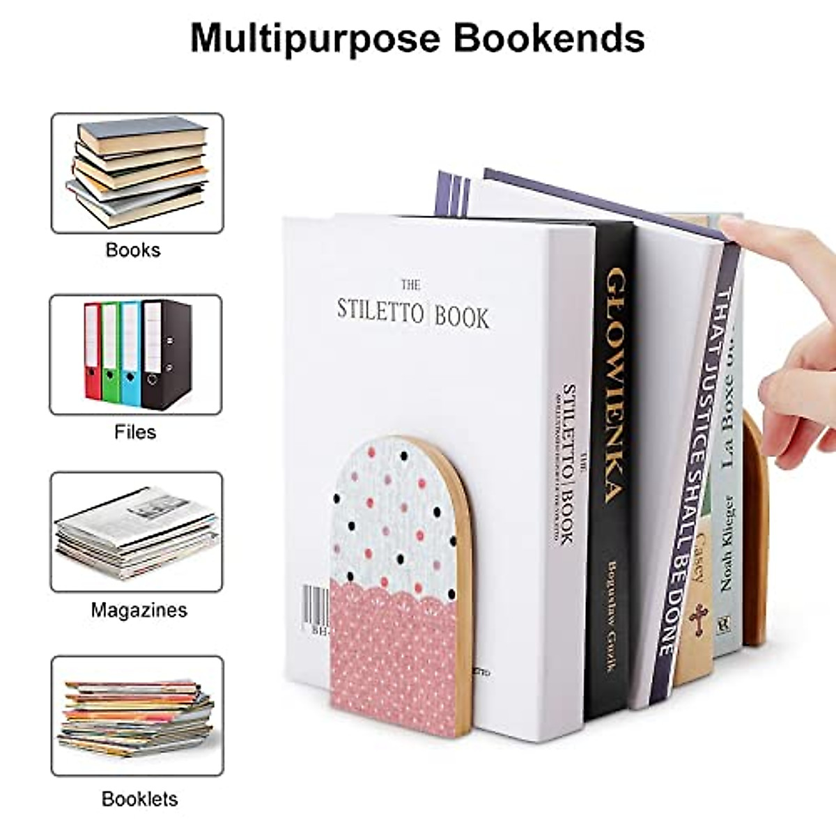 2 Pack Wood Bookends,Polka Dots On Pink and Gray Decorative Book Ends Support for Shelves Desktop Organizer Wooden Bookshelf for Home School Office