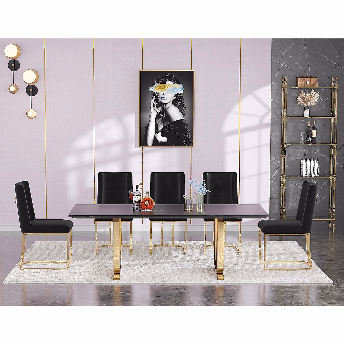 Pvillez 71" Modern Dining Table for 6-8 People, Rectangular Kitchen Table Black Faux Marble Top Dining Table with Polished Gold Metal Pedestal Base, Large Dinner Table for Dining Room Kitchen Office