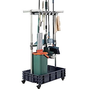 Broom mop Holder Cleaning Supplies Organizer Janitor carts on Wheels Housekeeping Station Storage Tools for Garage, Garden, Closet, Cabinet