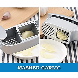 Garlic Press, 2 in 1 Garlic Mince and Garlic Slice with Garlic Cleaner Brush and Silicone Tube Peeler Set, Easy Squeeze, Rust Proof, Dishwasher Safe