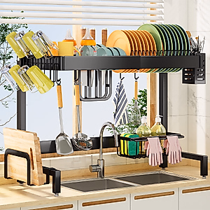 SAYZH Over The Sink Dish Drying Rack, Dish Drying Rack Auto-Drain Expandable (19.9 to 34 inch) 2-Tier Kitchen Counter Dish Drainer Rack with Metal Steel Utensil Cup Holder Sink Caddy, Black