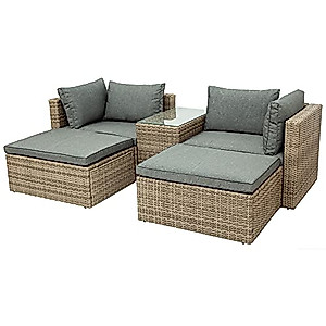 SAWQF Outdoor Patio Furniture 5-Pcs Set Wicker Rattan Sectional Sofa Set 2 Corner Chair+1 Tea Table+2 Ottoman Brown&Gray