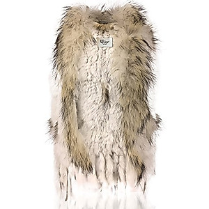 Uilor Women's 100% Natural Knit Rabbit Fur Vest with Raccoon Fur Collar White