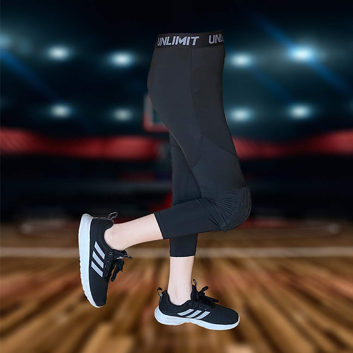 Unlimit for 4-16 yrs, Youth Basketball Pants with Knee Pads, 3/4 Capri Compression Pants for Boys. (Black, M: for 8-10 yrs)