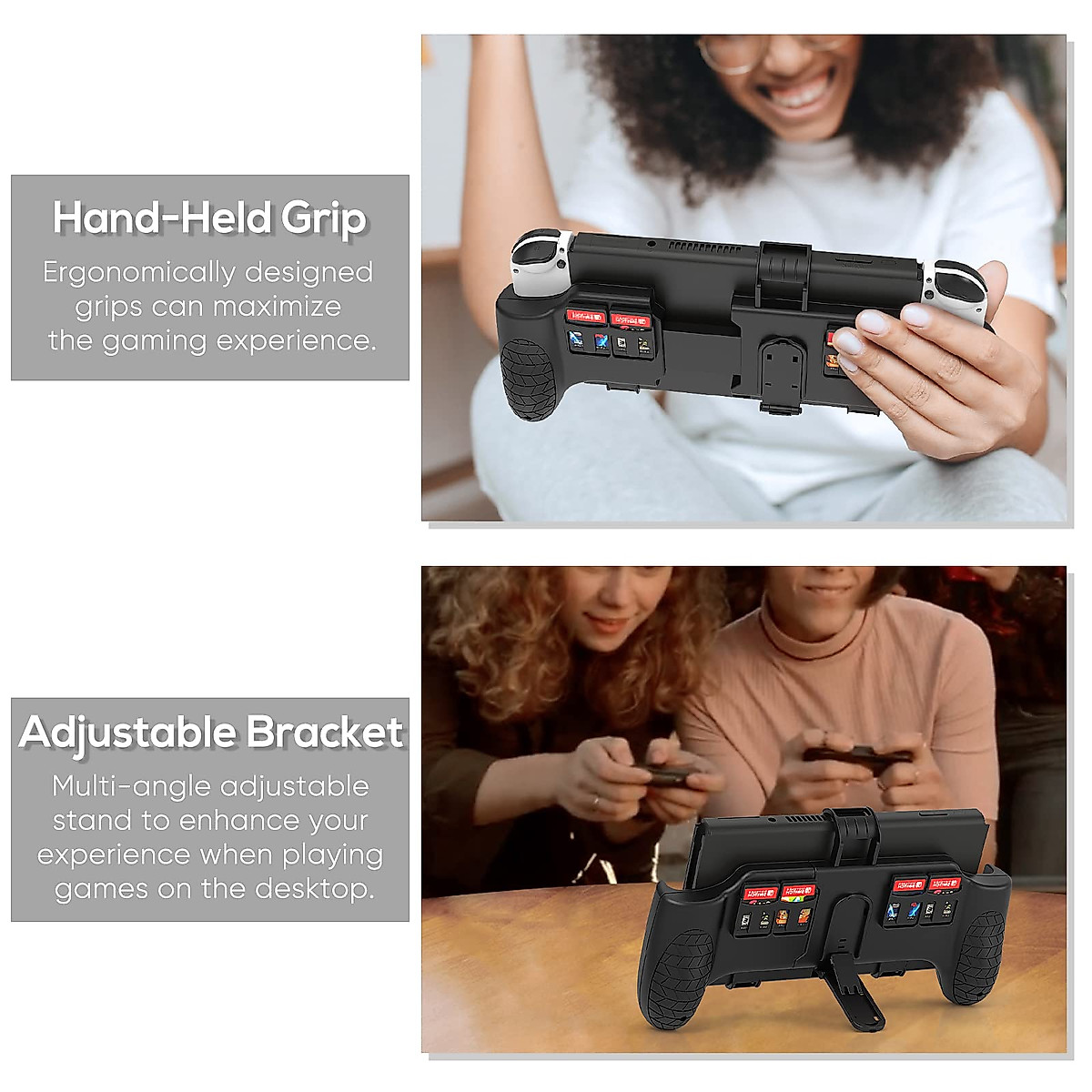 Switch OLED Grip Case Compatible with Nintendo Switch/ Switch OLED/ Switch Lite - Universal Hand Grip Accessories with Adjustable Stand/ 4 Game Slots, 8 Thump Caps for JoyCon & Switch Control, Black