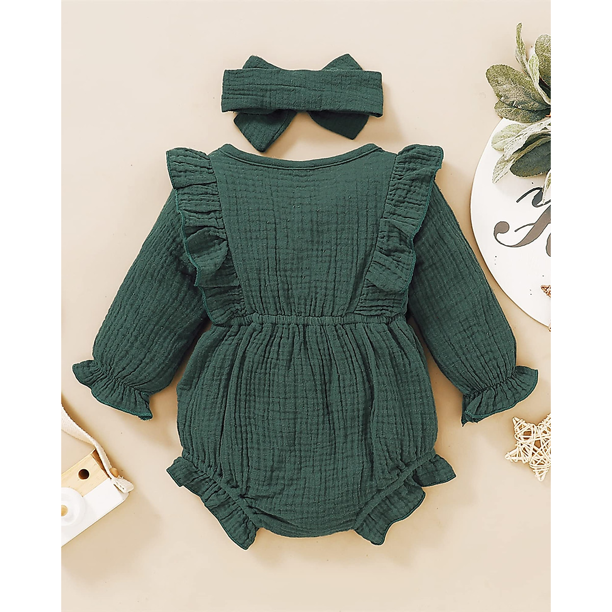 Saeaby Baby Girl Clothes 3-6 Months Infant Girl Clothes Fall Baby Long Sleeve Romper Ruffle Green One Piece Romper Bodysuit Cute Outfit for Girl
