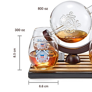 Coastguard Gift Whiskey & Wine Decanter Set & 4 Liquor Glasses - US Coast guard 800 ML Whiskey Decanter & 11 OZ Glass Set with Wood Base - Gifts for Men - Bourbon and Scotch Decanter Military Gifts