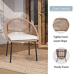 Yangming Patio Furniture Set, 3 Piece Outdoor Bistro Chair Conversation Sets Woven Rope with Wood Coffee Table for Yard Backyard Lawn Garden Porch Backyard Deck Poolside Balcony