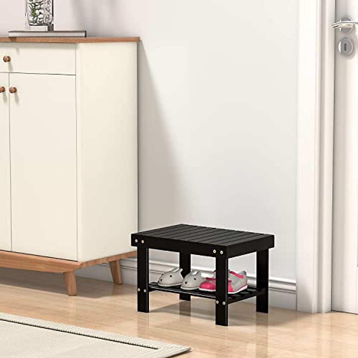 Zhuoyue Wooden Step Stool for Kids Adults Black Small Bamboo Wood Shower Foot Rest Stool Shaving Legs for Bathroom Sink Bed Kitchen