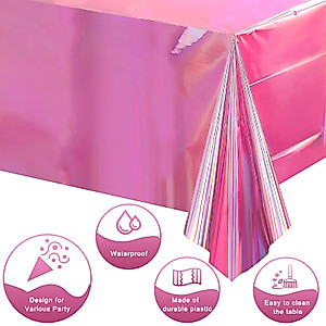 Whaline 6Pcs 108 x 54 Inch Iridescent Pink Plastic Tablecloths Shiny Rainbow Rectangle Disposable Table Covers Holographic Foil Table Cloth for Birthday Wedding Bridal Shower