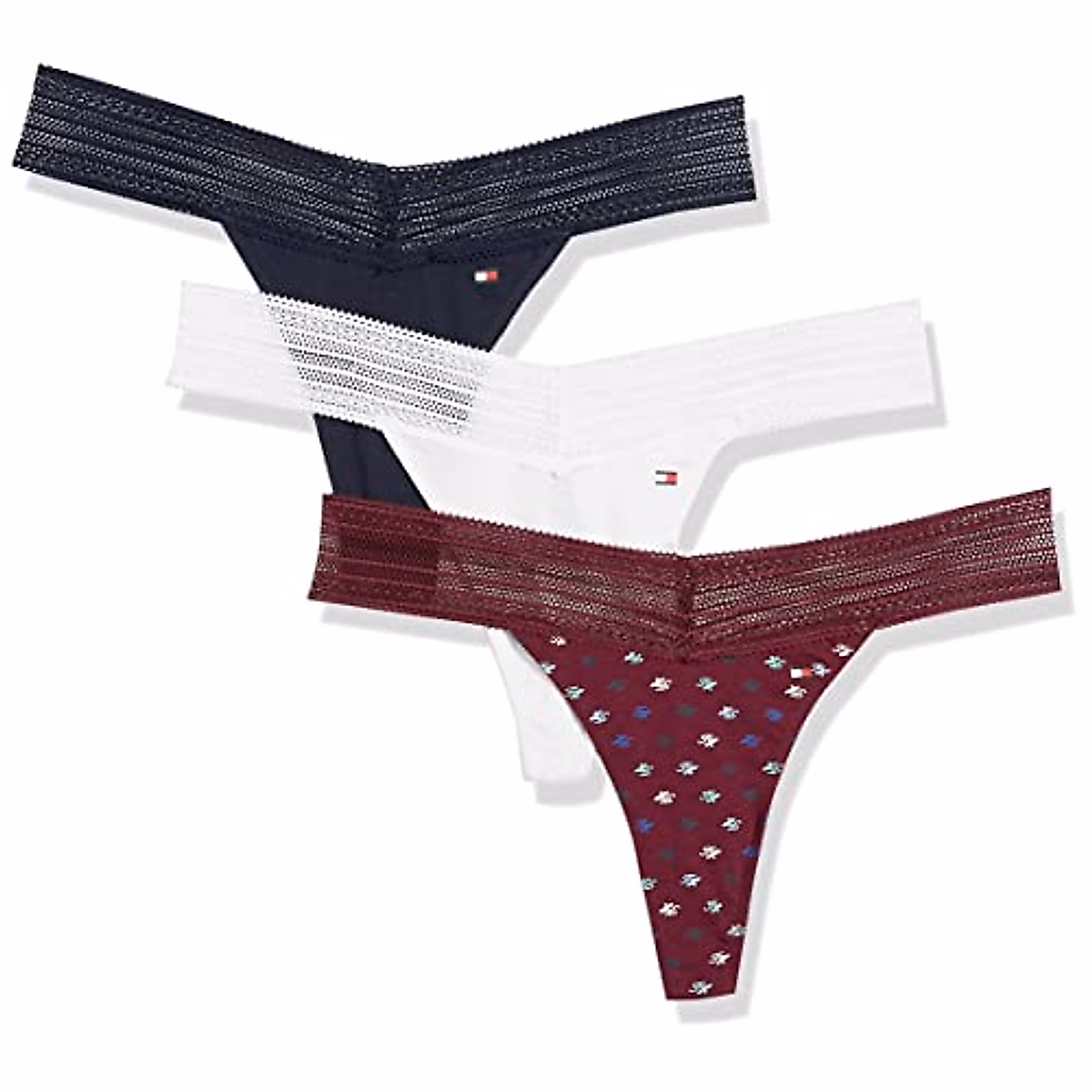 Tommy Hilfiger womens Underwear Cotton Lace Thong, 3 Pack Thong Panties, Mini Cursive Th Zindanfel, Medium US