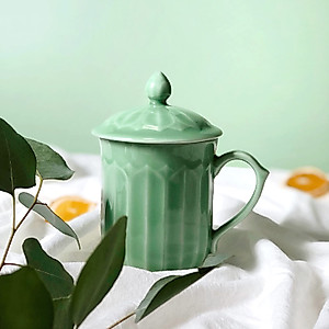 Tingyework Porcelain Lotus Tea Cup with Lid and Handle, 12 oz Unique Coffee Mug, Microwave Dishwasher Safe, Gifts for Women and Men, Aesthetic Chinese Celadon 1 Pack (Olive Green)