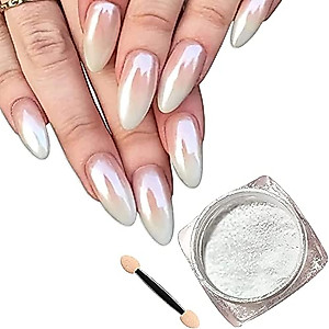White Pearl Chrome Nail Powder, Pearlescent White Iridescent Nail Powder, High Gloss Glitter Nail Art, Jewelry Mermaid Pearl Neon Nail Powder, Nail DIY Metallic Pigment Powder with Sponge Stick (1pcs)