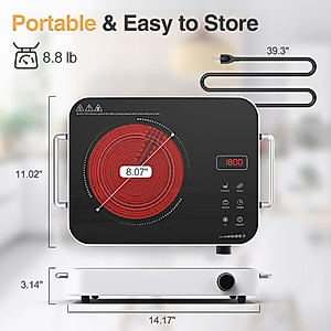 GIHETKUT Single Burner Electric Cooktop,1800W 110V Electric Stove Top with Knob Control, Portable Cooktop with 2 Handle,single burner electric stove with Double Ring Heating, 4 hours Timer