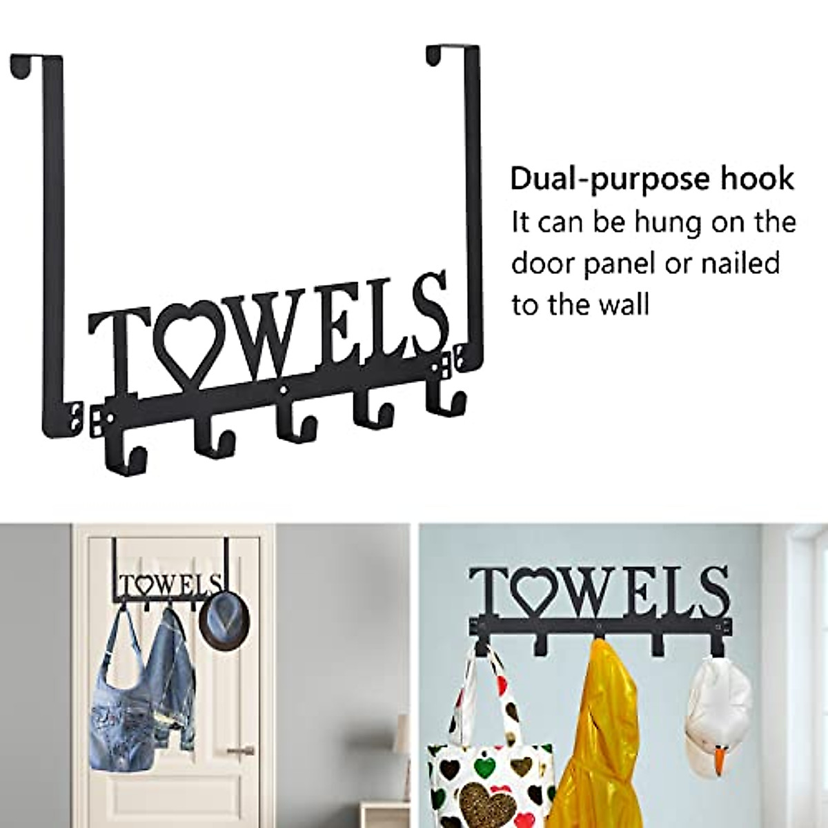 WeeksEight Over The Door Towel Rack, Metal Bath Towel Holder Hanger for Bathroom Bedroom Door Hanging Towels Bathrobe Robe, Towel Hooks for Bathrooms (5 Towel Hooks, Black)