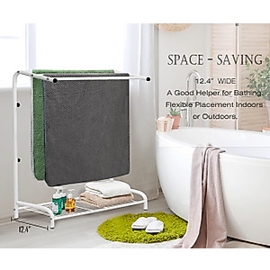 VSUINGO Freestanding Towel Rack, 32" L x 37.8" H for Oversized Bath Towels, Hand Towels Stand, Adjustable Height, 3-Tier Clothes Drying Holder with Storage Shelf for Bathroom, Aisle, Pool (White)