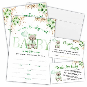 JCVUK Set of 25 Baby Shower Invitations with Envelopes, Diaper Raffle Tickets and Baby Shower Book Request Cards,Green Bear Theme Babyshower Party For Boys or Girls(YQKTZ-B16