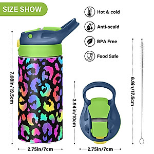 ALAZA Rainbow Leopard Print Cheetah Colorful Kids Water Bottles with Lids Straw Insulated Stainless Steel Water Bottles Double Walled Leakproof Tumbler Travel Cup for Girls Boys Toddlers 12 oz / 350 m