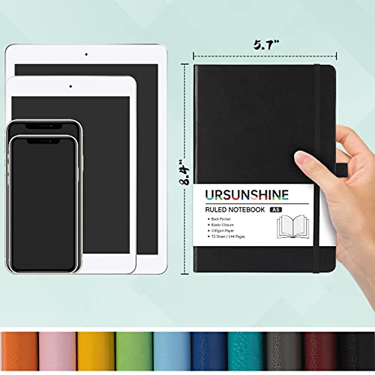 URSUNSHINE Ruled Notebook/Journal - Classic Lined Journal/Notebook, 5.7" x 8.4", Hardcover with Thick Paper, Banded + Pen Holder +Inner Pocket - Black