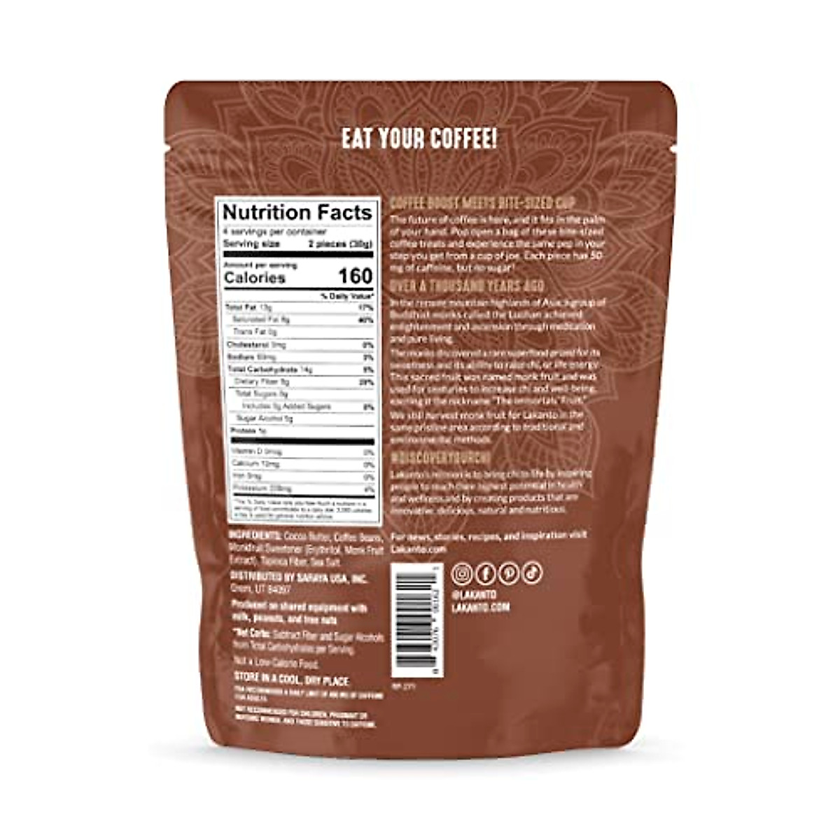 Lakanto Sugar Free Espresso Coffee Cups - Sweetened With Monk Fruit Sweetener and Erythritol, Eat Your Coffee, On the Go, Dark Roast, Keto Diet Friendly, Vegan (Espresso - 8 Cups - Pack of 1)