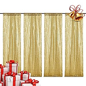 BEDDEB 4PCS Gold Sequin Backdrop Curtain, 2FTx8FT Glitter Backdrop Curtain for Christmas, Birthday, Wedding, Party Decoration Wedding Party Stage Decorations Fabric Sparkle Photography Background