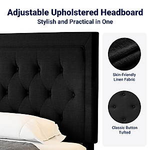Allewie Full Size Upholstered Platform Bed Frame with Adjustable Headboard, Button Tufted, Wood Slat Support, Easy Assembly, Black