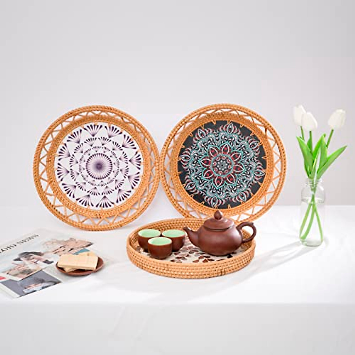 BemiaoCrafts 13" Round Boho Rattan Tray with Wooden Base, Decorative Tray, Rustic Style, Lacquer Serving Basket for Breakfast Food, Round Tray as Coffee Table Decor, Storage and Display