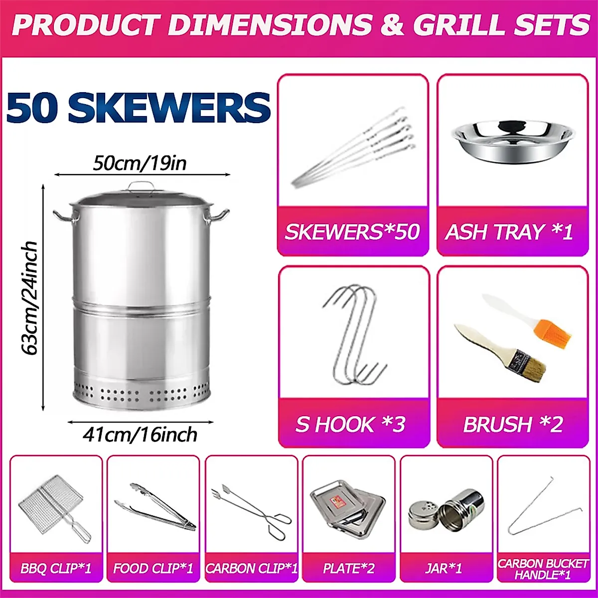 RIIGOOG Large Portable Charcoal Grills, Stainless Charcoal BBQ Grill Barrel 360° Smokeless Outdoor Barbecue Grill for Travel, Outdoor Cooking and BBQ, Camping Grill Picnic Patio Backyard