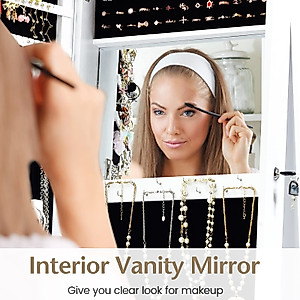 COSTWAY Standing Jewelry Cabinet, Large Capacity Jewelry Organizer w/Full-Length Mirror & Rear Storage Shelves, Lockable Mirror Jewelry Armoire with Keys for Girls Women (White)