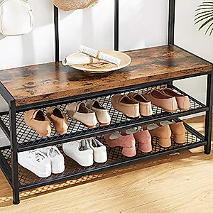 VASAGLE Large Coat Rack Stand, Coat Tree with 12 Hooks and Shoe Bench in Industrial Design, Hall Tree, Multifunctional Hallway Shelf, Office, Bedroom, Rustic Brown and Black UHSR86BX