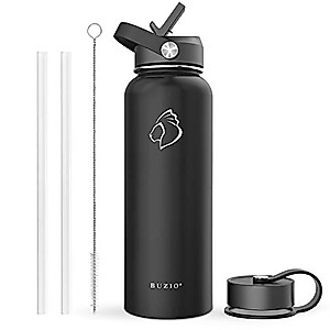 BUZIO Vacuum Insulated Stainless Steel Water Bottle 40oz with 40oz Insulated Three Caps Water Bottle, BPA Free Double Wall Water Flask with Carrying Pouch Double Vacuum Hot Cold Water Bottles