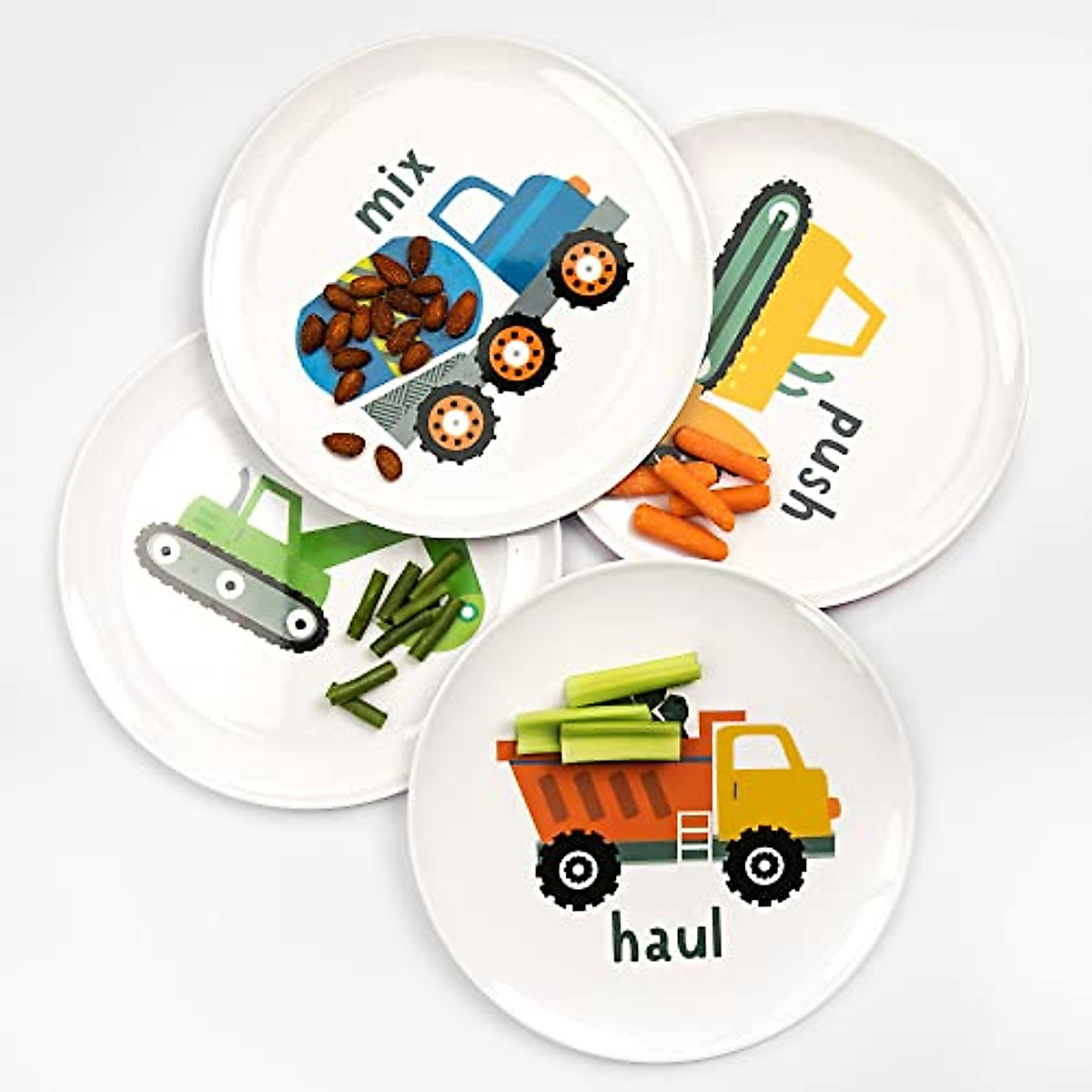 Tiny Expressions – Construction Plates for Toddlers - Set of 4 Melamine Plates for Kids - Mixer, Excavator, Bulldozer, and Dump Truck - Fun Plastic Plates for Kids