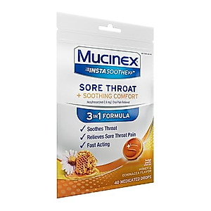 Mucinex Instasoothe Sore Throat Relief Drops, Sore Throat Lozenges, Sore Throat Medicine with Hexylresorcinol, Cough Drops Alternative, Honey & Echinacea Flavor Medicated Numbing Throat Drops, 40 ct