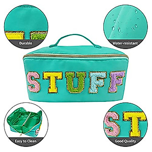 Huifen Stoney Clover Dupes Preppy Makeup Bag, Travel Cosmetic Bag Stuff Bag Chenille Letter Bag Large Capacity Nylon Bags Wide Open Falt Toiletry Bag Make up Organizer for Women Girls (Green)