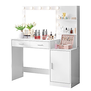 MIRROTOWEL 46.7IN Vanity Desk with Mirror and Lights, Dressing Table with 2 Large Drawer&Large Vertical Organizer, 3 Level Dresser & 3 Lighting Modes Adjustable Brightness, Suitable for Bedroom(white)
