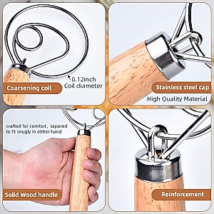 Danish Dough Whish Bread Mixer, 2 Pack Stainless Steel Dutch Whisk Hand Mixer Wooden Handle Kitchen Baking Tool for Baking Cake Dessert Sourdough Pizza and Pastry, Artisian Blender.