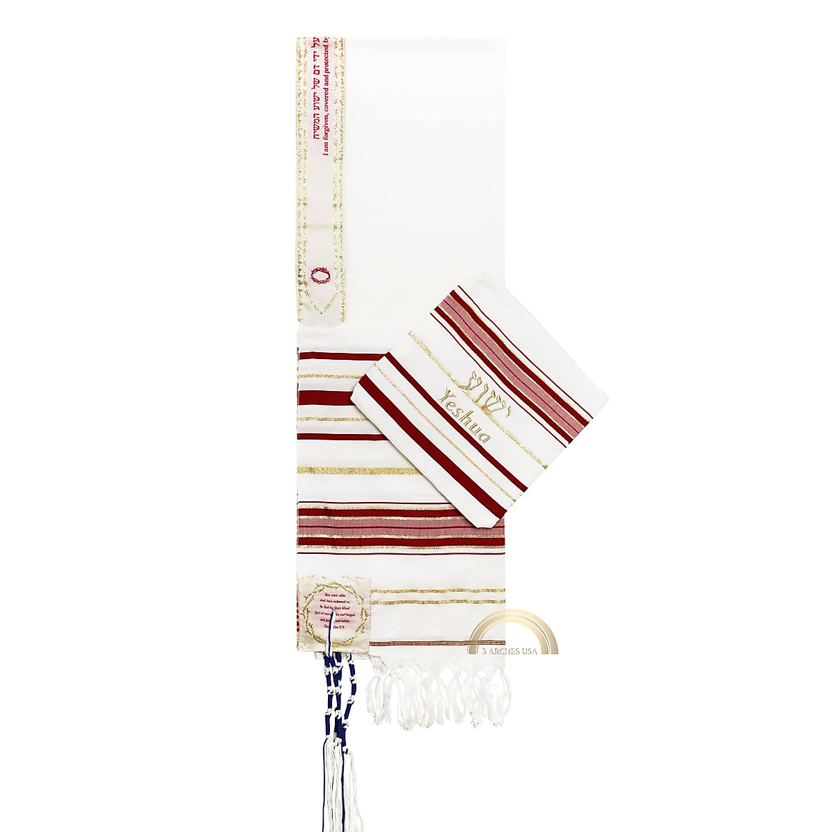 3 ARCHES USA, The Blood Of Yeshua The Messiah,Prayer Shawl from Israel Messianic Tallit Prayer Shawl- Red 72"x 22" Jewish Prayer Shawl with Bag, Scripture Corners & Hebrew Prayer