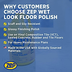 Zep Wet Look Floor Polish - 1 Gallon (Case of 2) ECZUWLFF1282 - Long Lasting Glossy Finishing Polish, Scuff & Slip Resistant, for Vinyl (VCT), Sealed Concrete, Rubber, and No-Wax Tile Floors
