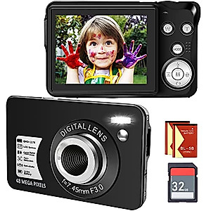 Digital Camera, Kids Camera for Teens Boys and Girls, 48MP 2.7K Digital Camera with 16X Digital Zoom, 32 GB SD Card and 2 Batteries Included (Black)
