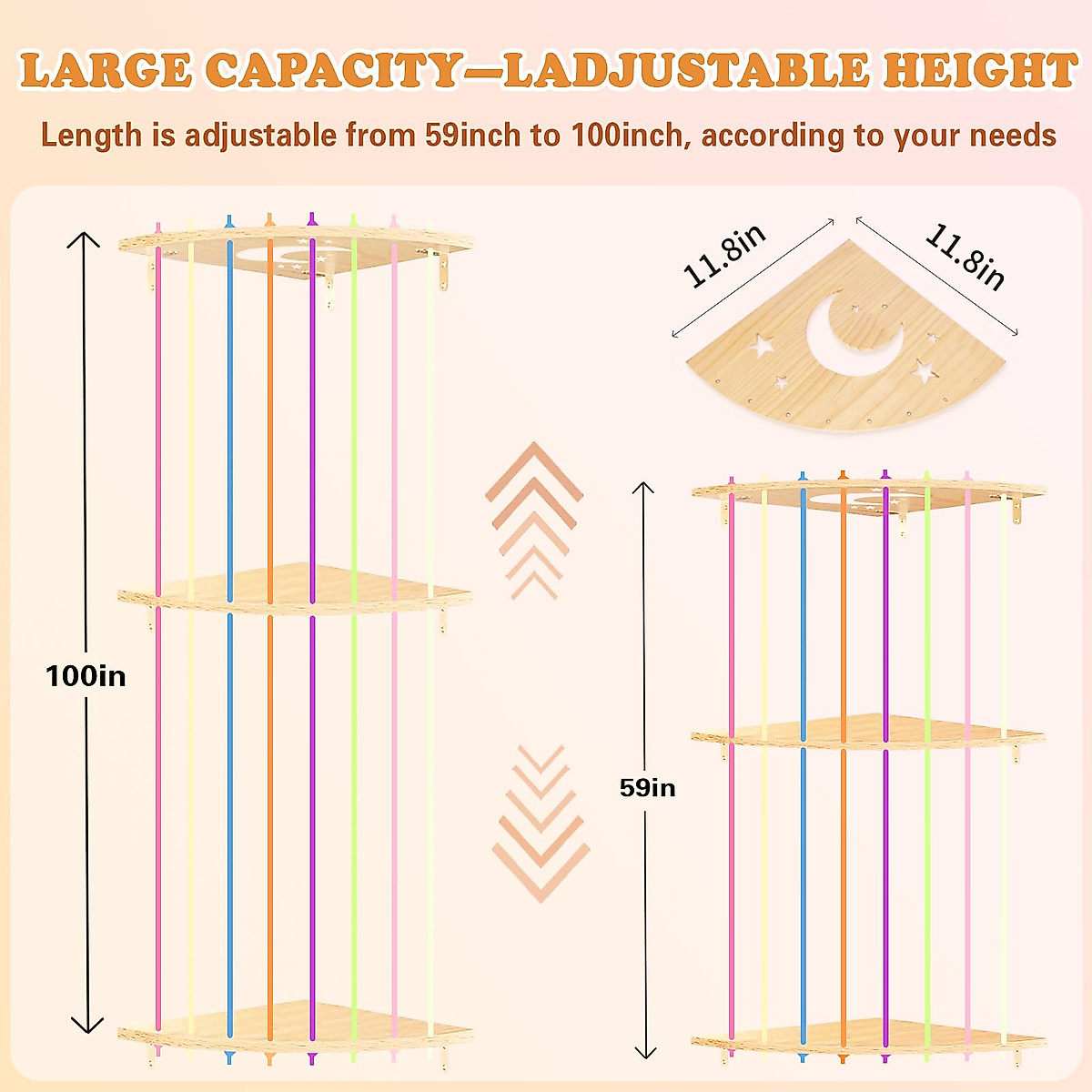 Diteryy Stuffed Animal Storage Wood Plush Toys Hanging Organizer Length Adjustable Stuffed Animal Holder with Moon Star Pattern Kids Toy Shelf Large Toy Storage for Nursery Playroom Bedroom Furniture