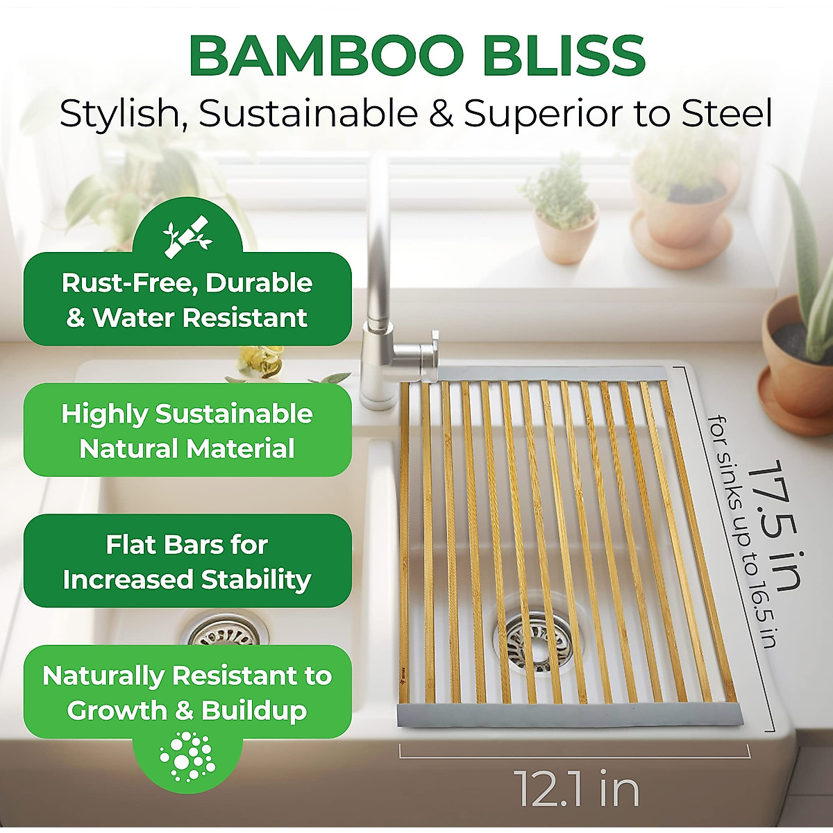 AIRNEX Bamboo Sink Drying Rack, Roll Up Dish Drying Rack Over The Sink Kitchen, Wooden Over The Sink Drying Rack for Kitchen Sink, Roll Out Sink Drainers, Kitchen Sink Accessories (17 x 12 in)