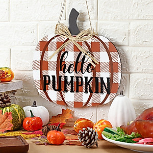 Tradder Fall Welcome Sign Thanksgiving Fall Pumpkin Sign with Bow Fall Wall Hanging Sign Rustic Wood Door Sign Double Sided Printing Pumpkin Farmhouse Door Hanger for Home Decoration (Rustic Style)