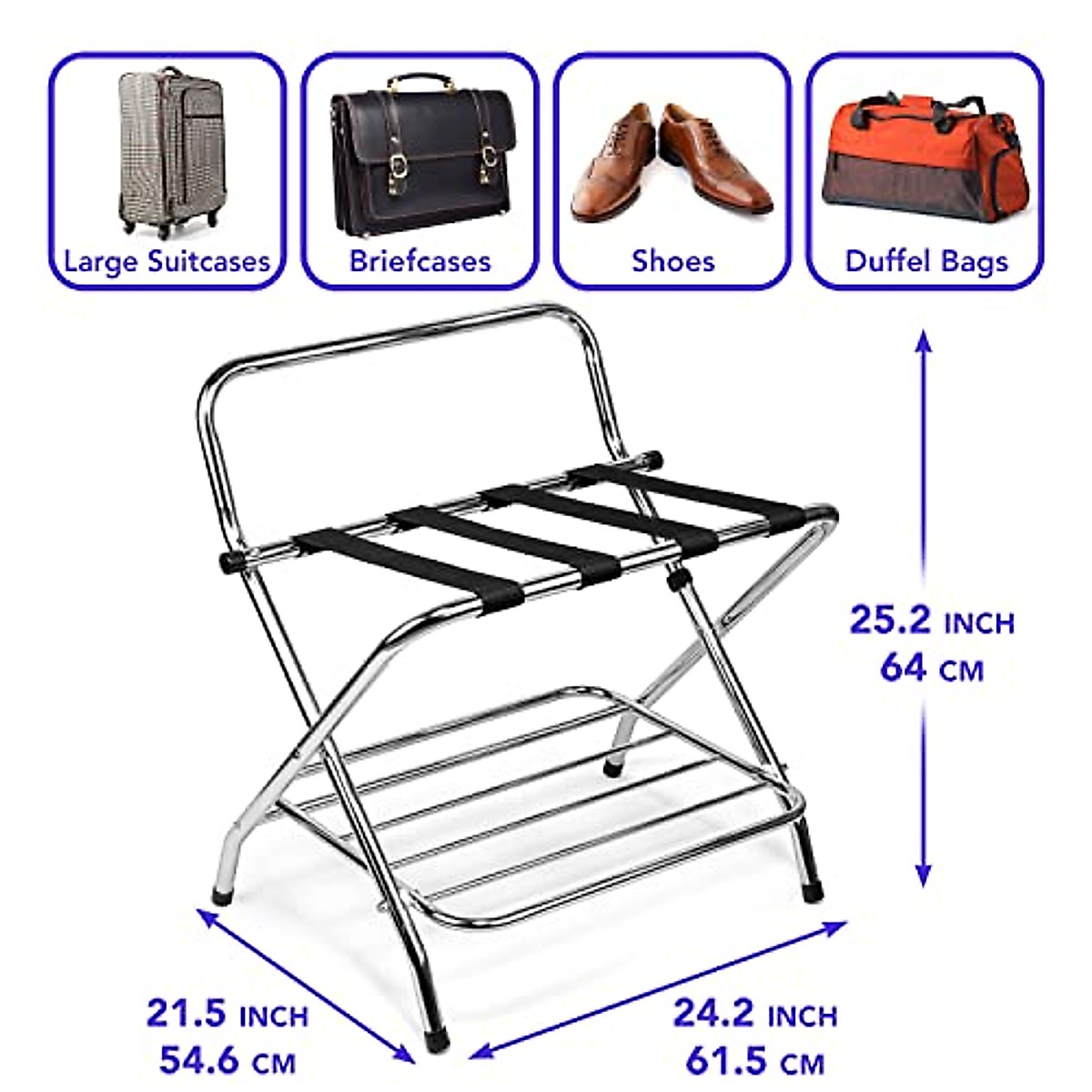 USTECH 2 Tier X-Shape Folding Luggage Rack with High Back | Durable Metal Stand & Heavy-Duty Nylon Straps for Guest Room Storage & Suitcase Holder | Perfect for Bedroom & Closet