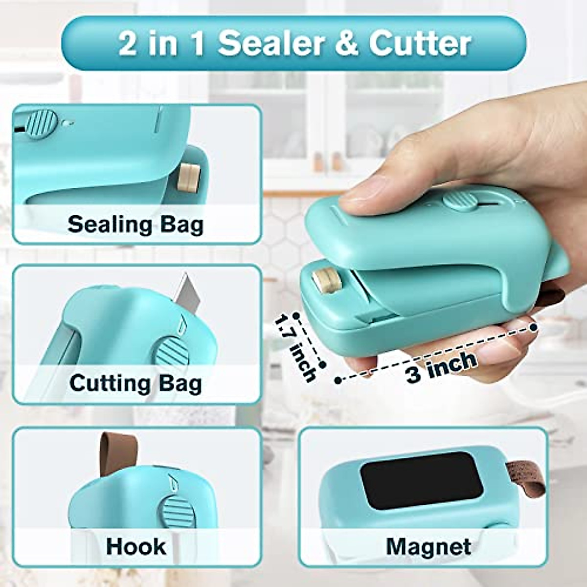 TYHJOY Mini Chip Bag Sealer, Handheld Heat Vacuum Sealer and Cutter, Portable Chip Bag Resealer Machine for Snack Plastic Fresh Bags Cookies - Green - 2xAA Batteries Included
