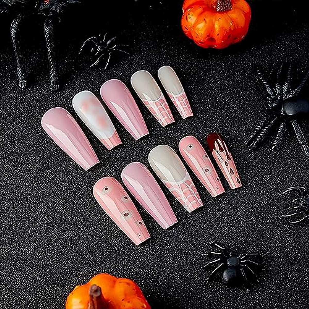 Halloween Fake Nails Long Coffin Press on Nails with Pink White Spooky Ghost Spider Web Eyeballs Blood Drops Glue on Nail Designs Artificial French Tips Full Cover on Nails for Women and Girls 24 Pcs